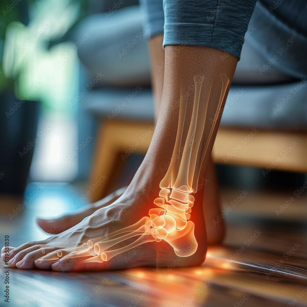 A person experiencing foot pain highlighted by an illustrative overlay ...