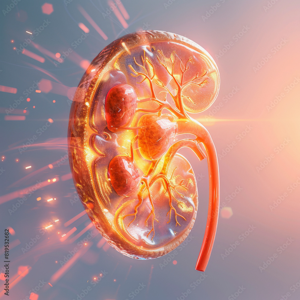 A 3D illustration of a human kidney with neon lighting highlighting its ...