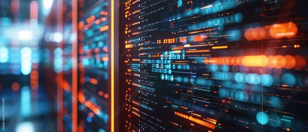Algorithms analyzing data in machine learning close up, focus on ...