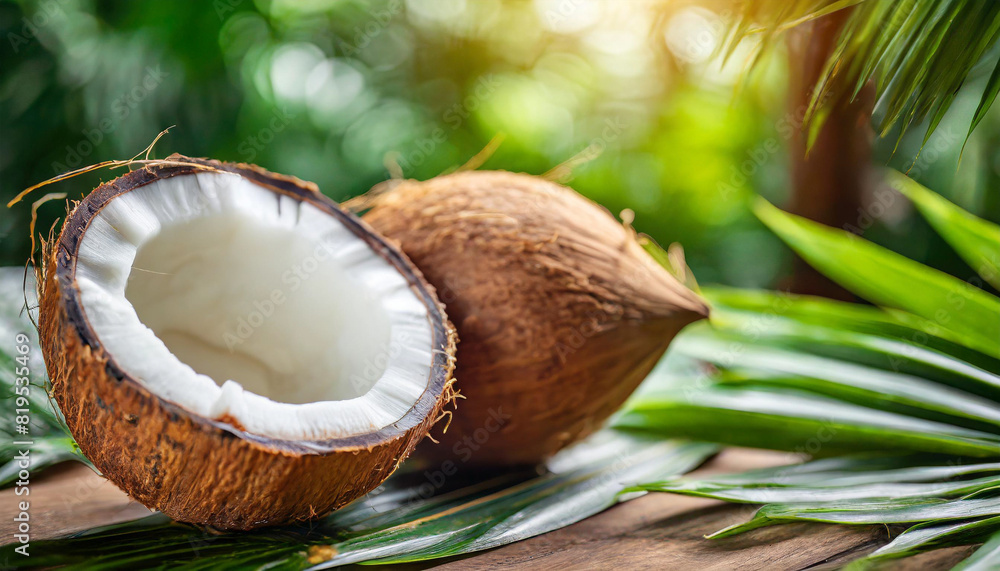 open coconut viewed from the top, filled with coconut milk. The clean ...