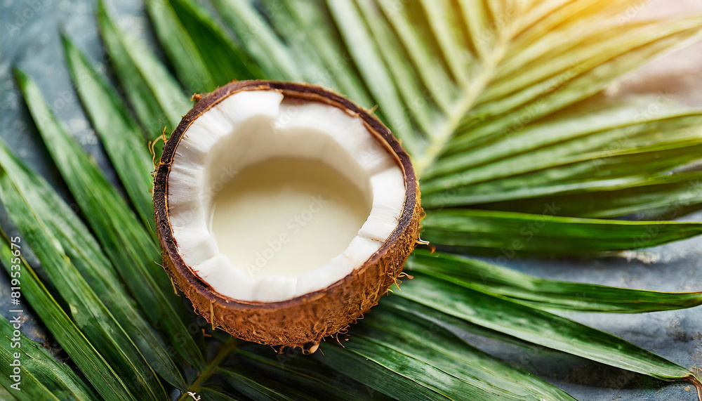 open coconut viewed from the top, filled with coconut milk. The clean ...