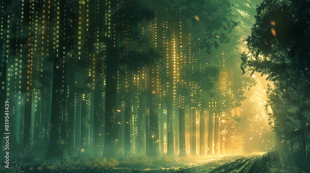 A digital forest where trees are made of binary codes, side view ...