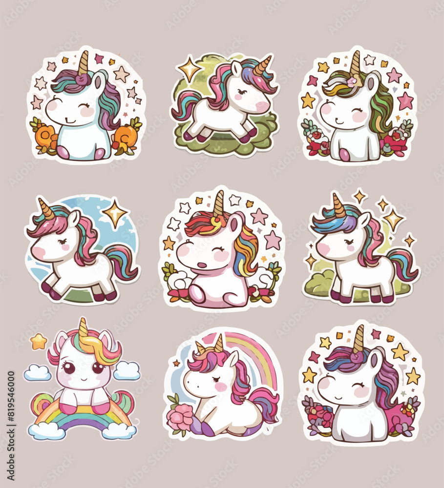 Magical Unicorn Sticker Printable Stickers Vector illustration set ...