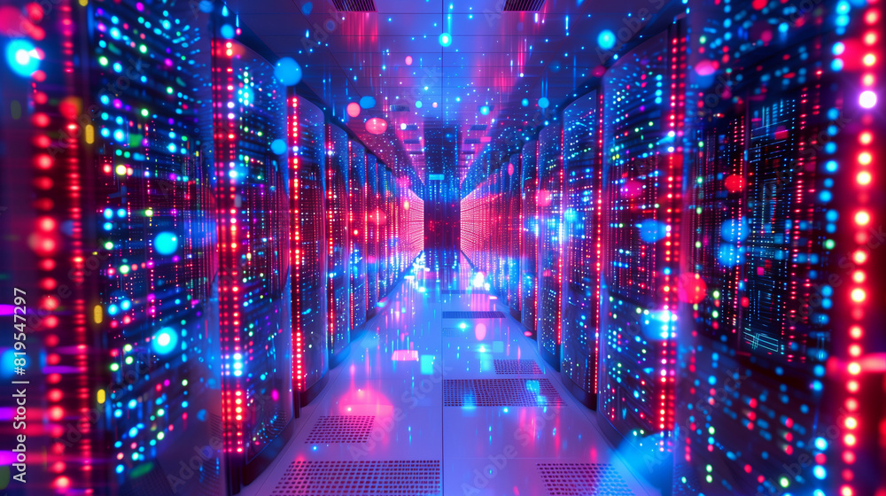 Foto de Shot of Corridor in Working Data Center Full of Rack Servers and Supercomputers with ...