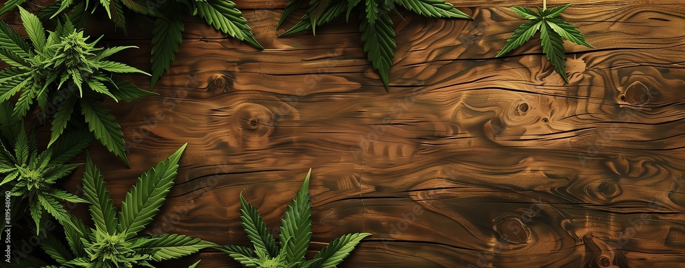 Cannabis leaves on a wooden background with copy space for a cannabis ...