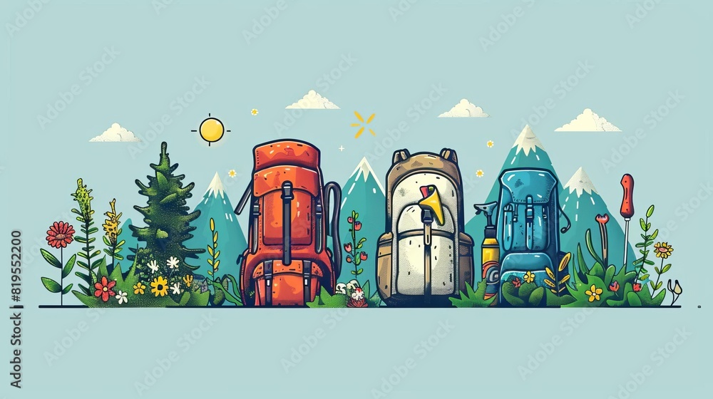 Backpacking essentials flat design side view nature trek cartoon ...