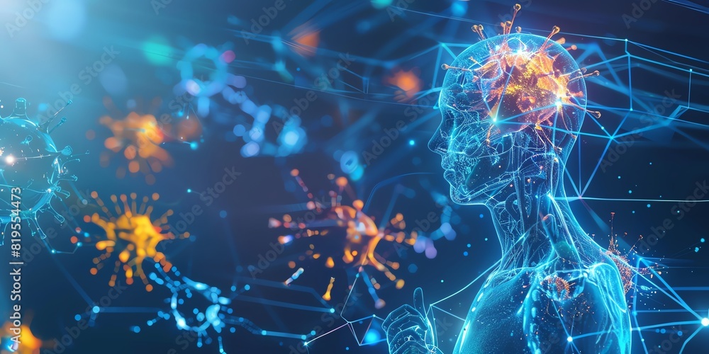 Digital representation of the human immune system, with glowing ...