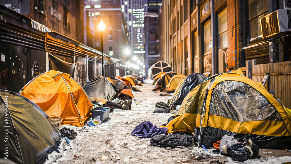 Urban scene with tents set up in a snowy alley at night, highlighting ...
