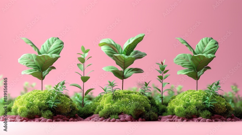 3D illustration of minimalistic growing small trees on a pink ...