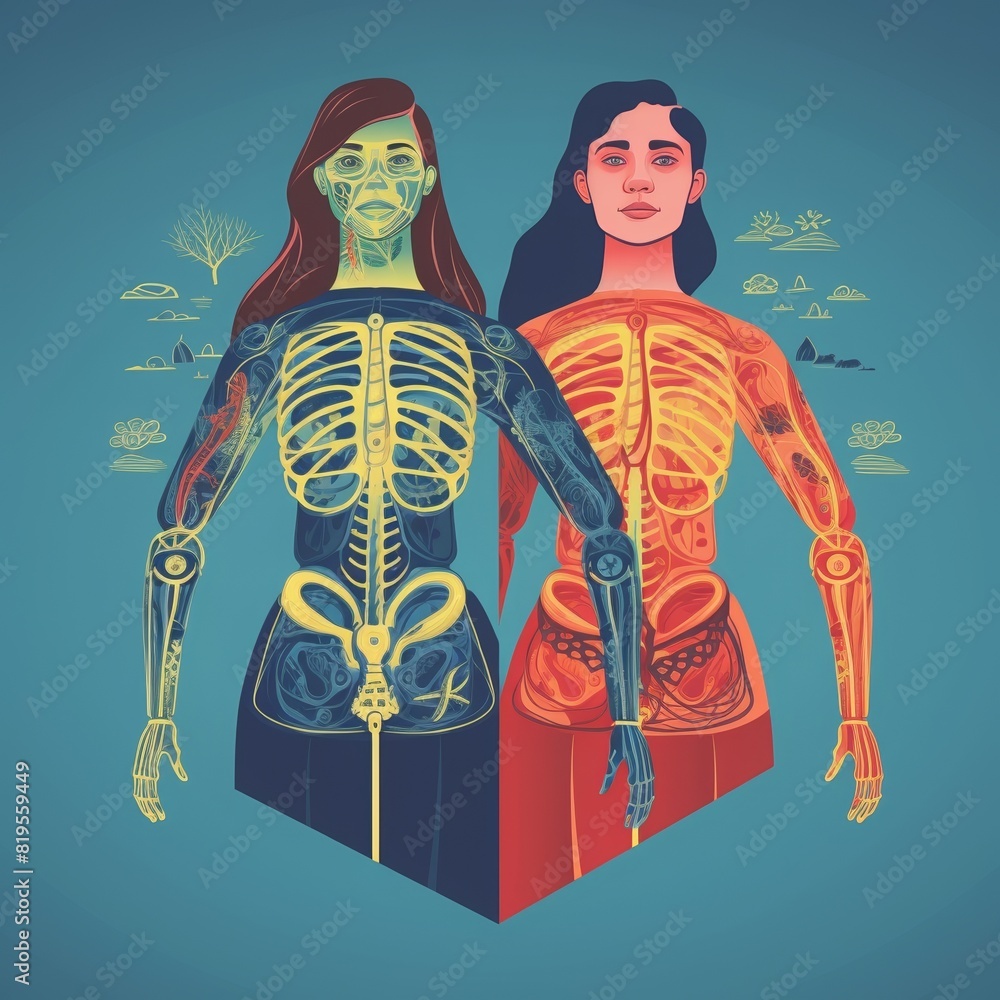 An illustrated anatomy of two women showing skeletal and internal ...