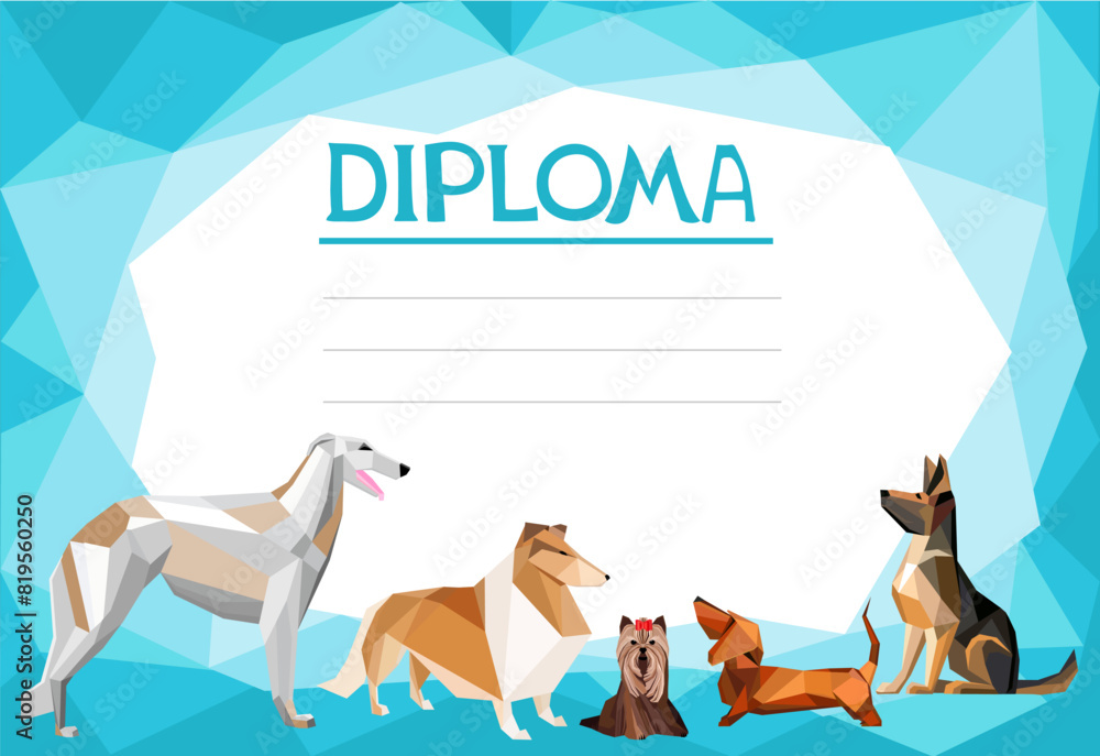 Dog pet care diploma or certificate vector template with cartoon zoo ...