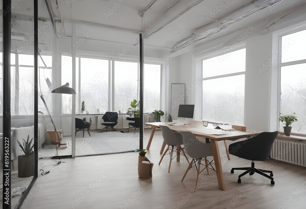 Perspective view on stylish workspace table with modern computers on ...