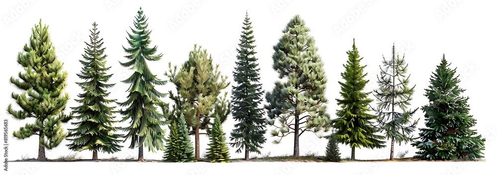 Ten different types of trees, ranging from small to large, against a ...