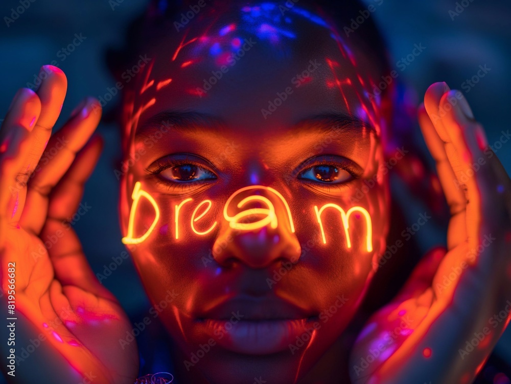 Dream, glowing letters in hand, light hitting face generative ai art ...