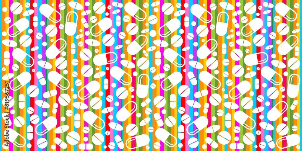 Striped Seamless pattern with medicines, capsules, medicaments, drugs ...