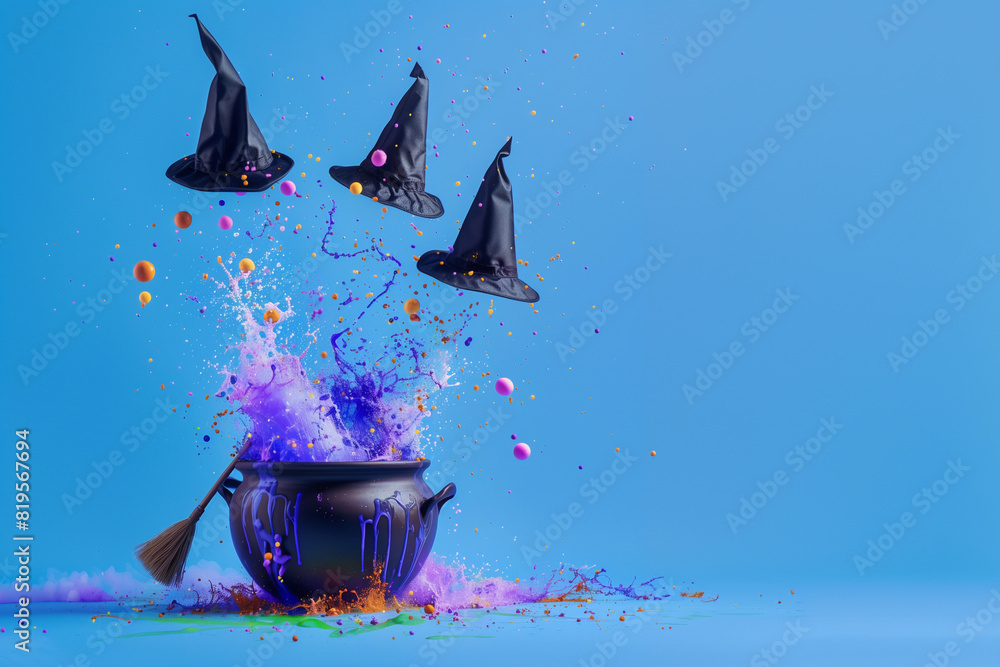 Spooky fun witch hat broom mid air floating from Halloween trick treat ...