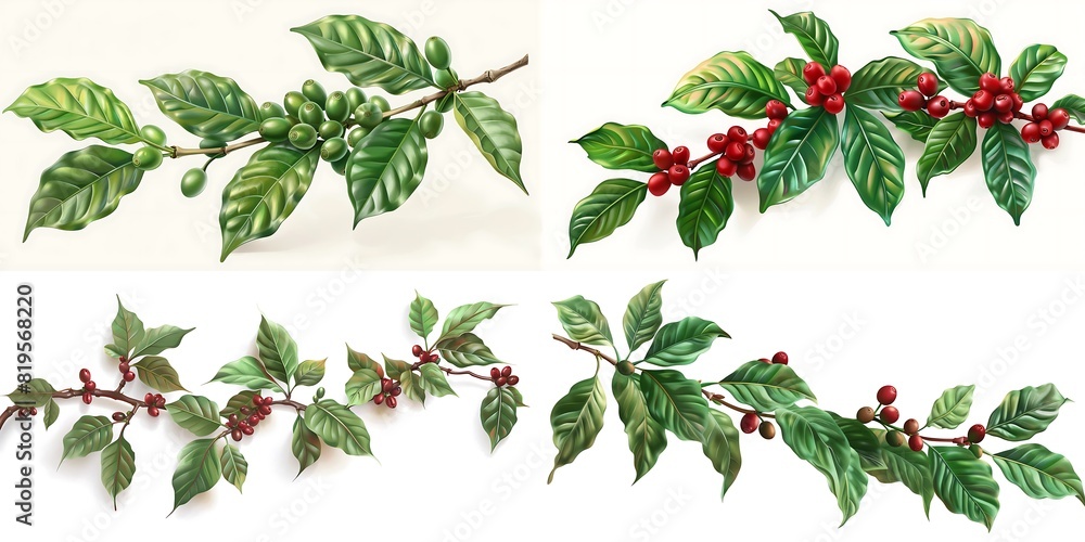 Four branches of coffee plants with green leaves and red coffee beans ...