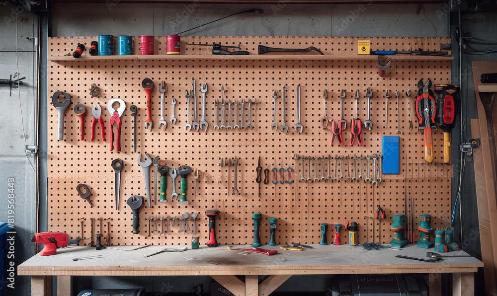 A hand-organized tool storage system using pegboards and various hooks ...