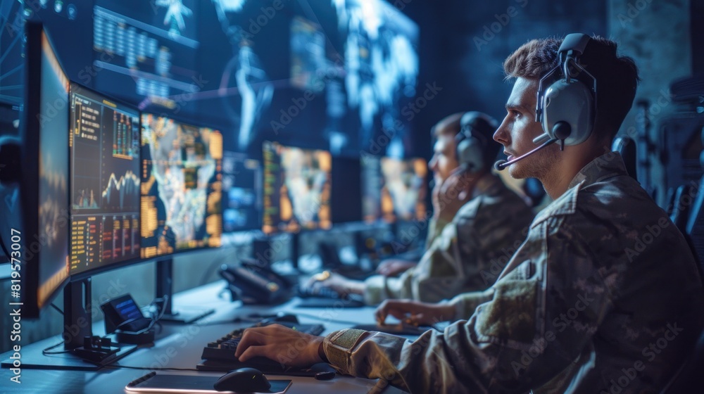 Modern Military Surveillance Officer centers with soldiers working on ...