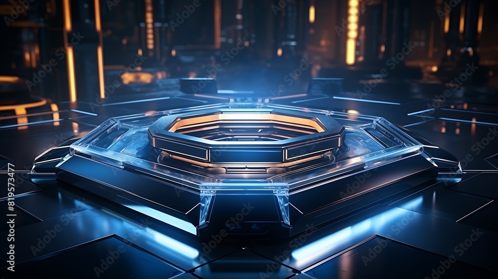 podium with a holographic interface, in a futuristic control room with ...