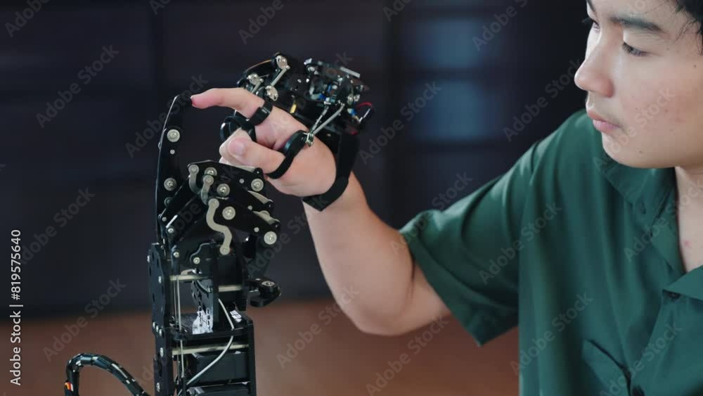 In a technical college an enthusiastic Asian teenage boy tests a robot ...