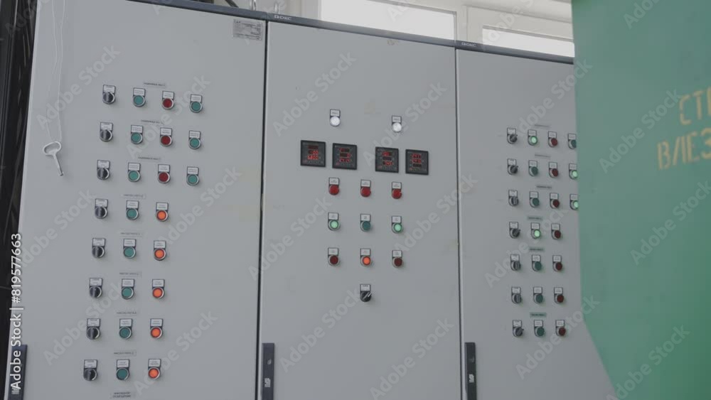 Wastewater control panel in industrial waste transfer shop. Equipment ...