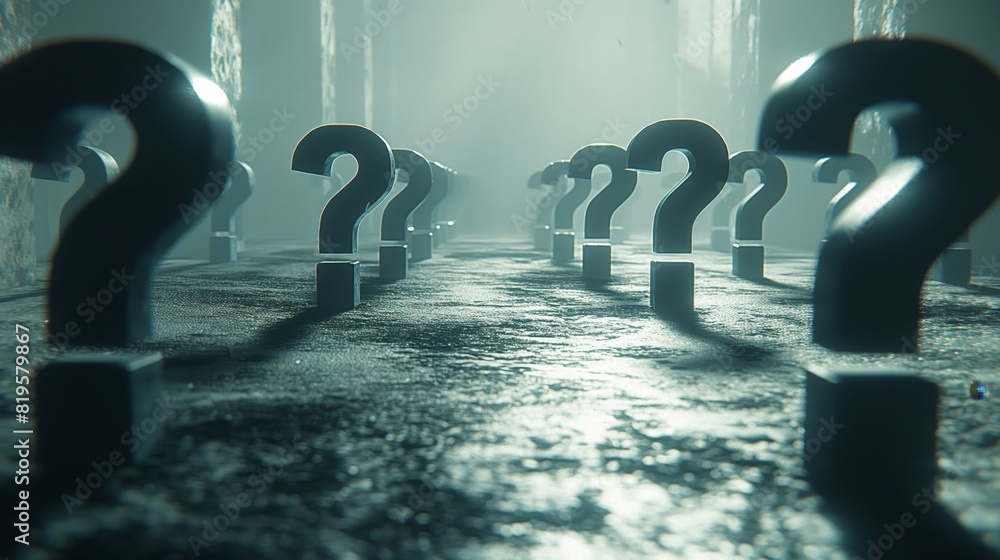 Numerous large question marks stand on a dimly lit, industrial-looking ...