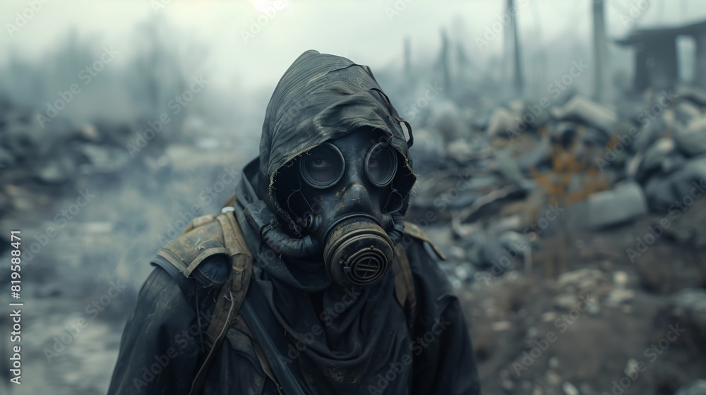 Amidst ruins and rubble, a figure in protective gear stands defiant, a ...