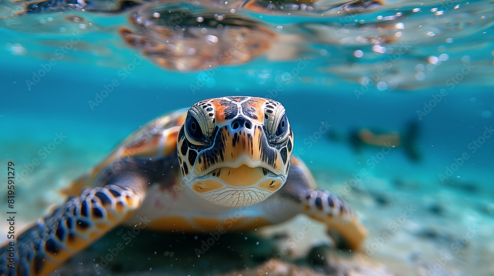 Sea turtle swimming up close underwater with bubbles surrounding ...
