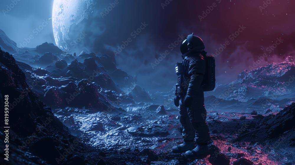 Visualize a side angle of a space explorer facing a nightmarish, disorienting alien landscape ...