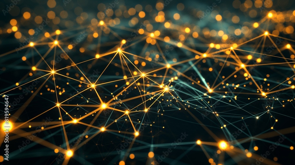 A matrix of interconnected nodes and pathways illuminated by streams of ...