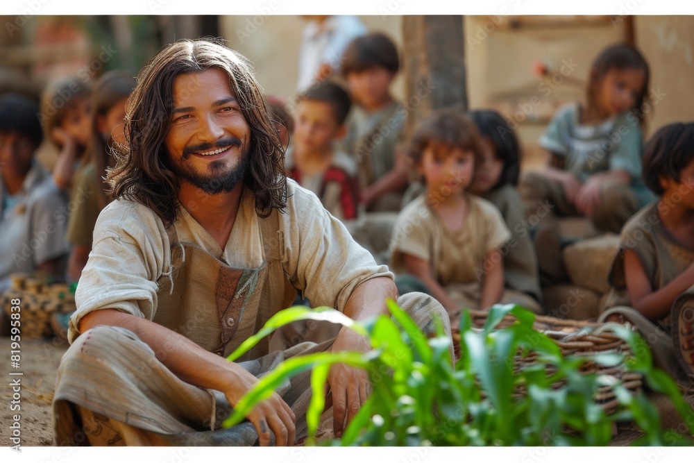 Jesus Christ smiling and talking to children, he is sitting on the ...