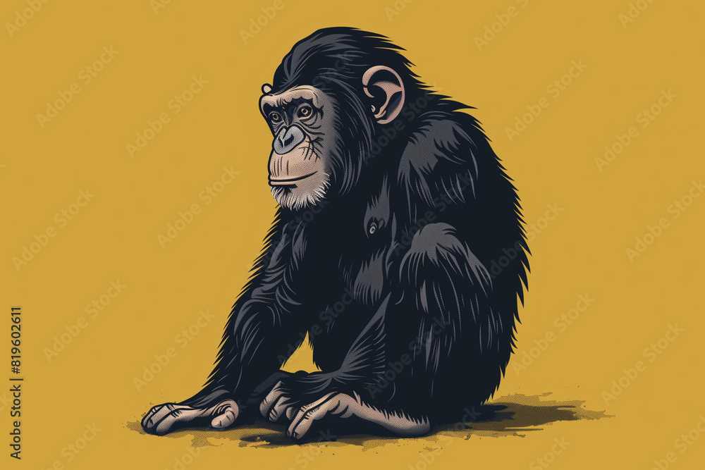 Vector Illustration of Full Body Monkey: Sitting Side View with Yellow ...