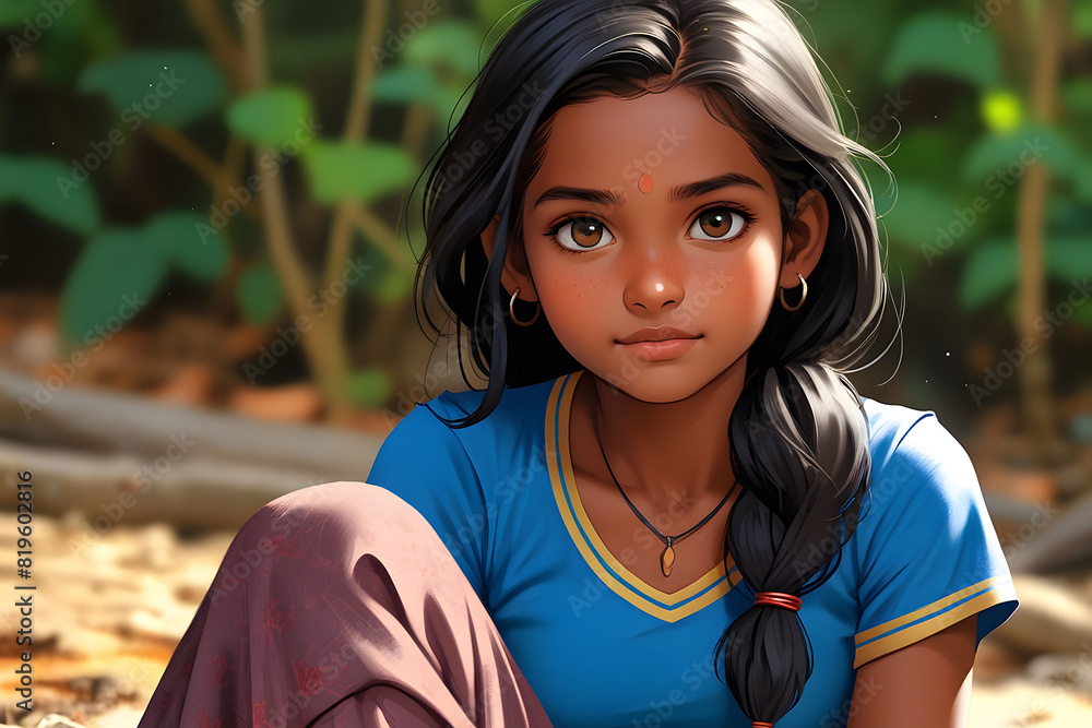 A painting depicting a young Indian girl, showcasing her traditional ...