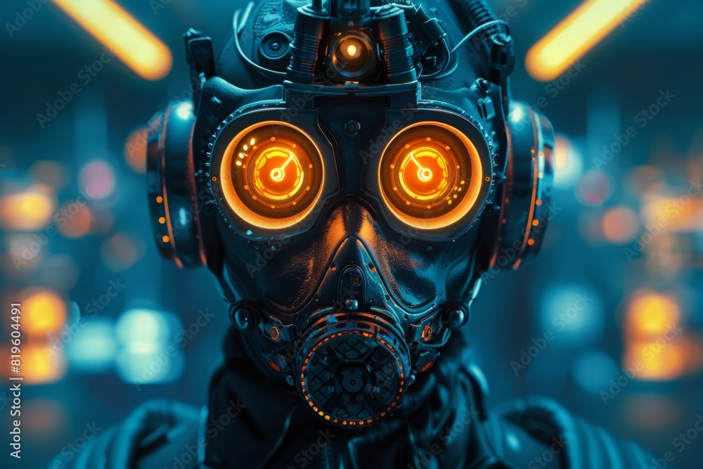 Gasmask steampunk portrait of a robot, cyborg in a cyberpunk mask. A ...