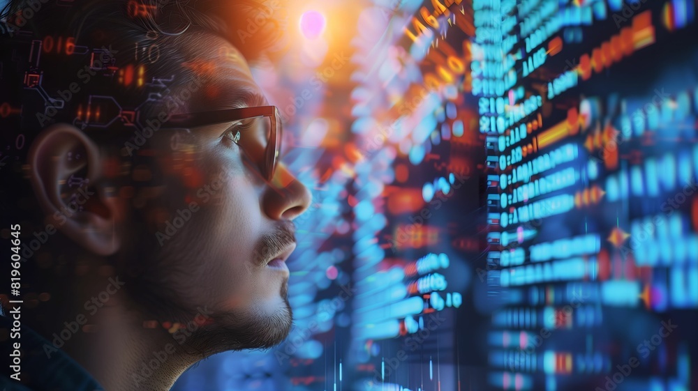Visionary image of an AI developer, shown with a background of binary ...