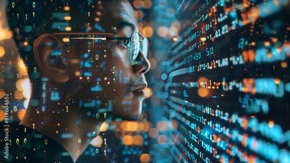 Visionary image of an AI developer, shown with a background of binary ...