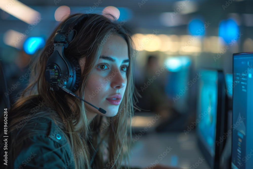 works as a teleoperator, large, bright office, blurred background, more ...