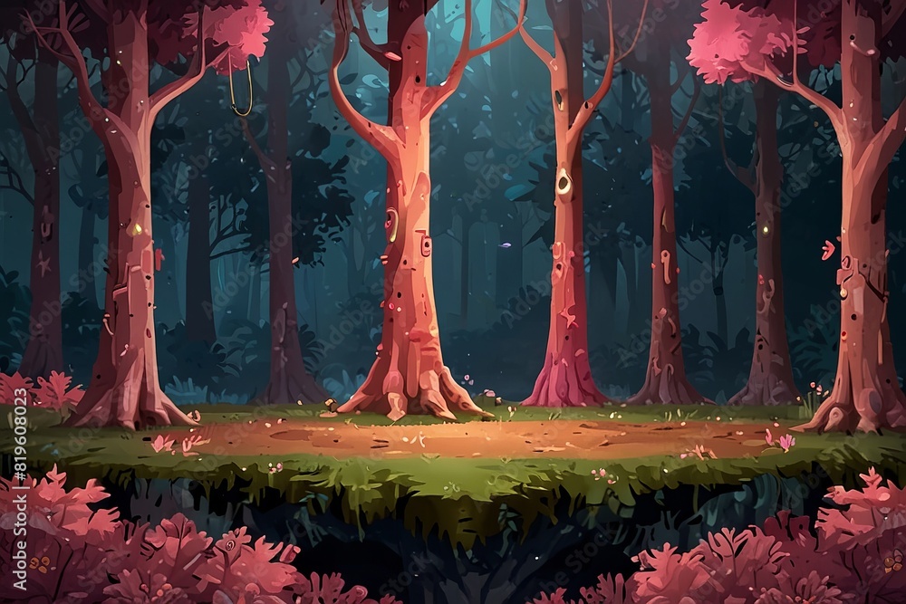 Pink forest game background with floating platforms Stock Illustration ...