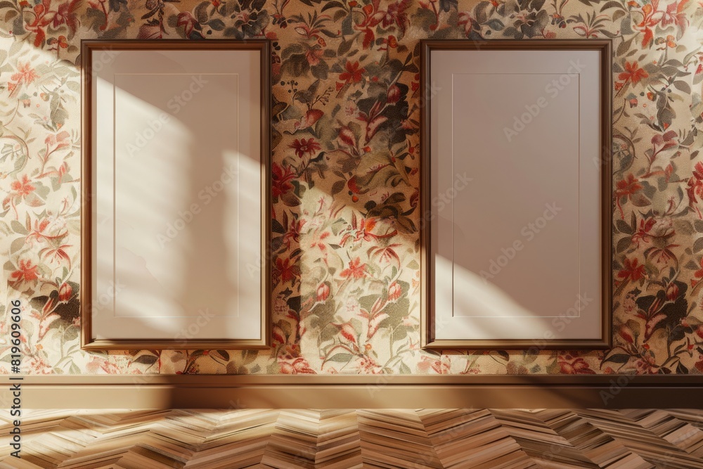 2 vertical advertising blank mockups on patterned wall. Indoors OOH out ...