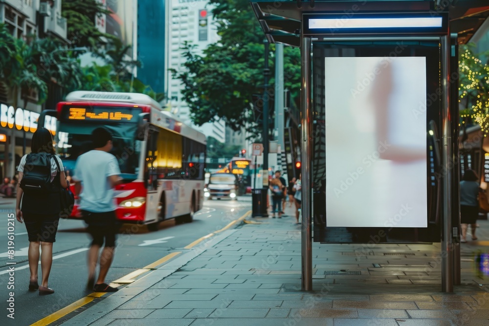 Blank vertical advertising poster banner mockup at bus stop shelter by ...