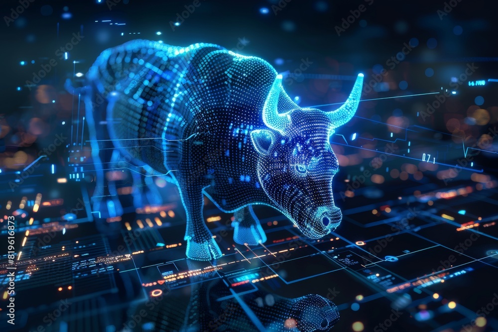 Stock market and data concept with blue digital bull near financial ...