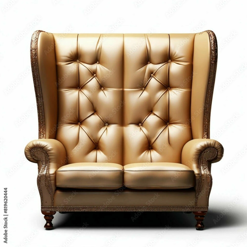 Two-seater chair in light brown color with a high back and leather ...