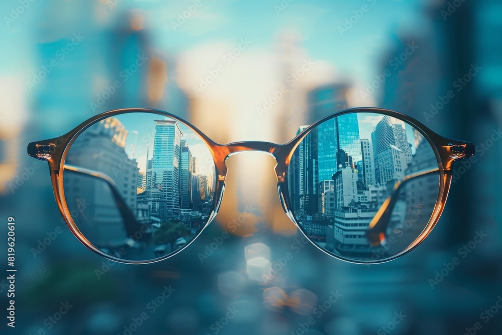 Look through glasses at blurred city with mock up place on sky texture ...