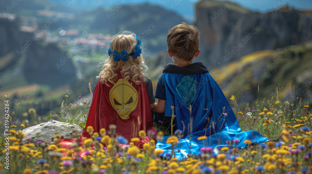 child wearing matching superhero capes, as the dentist explains the ...