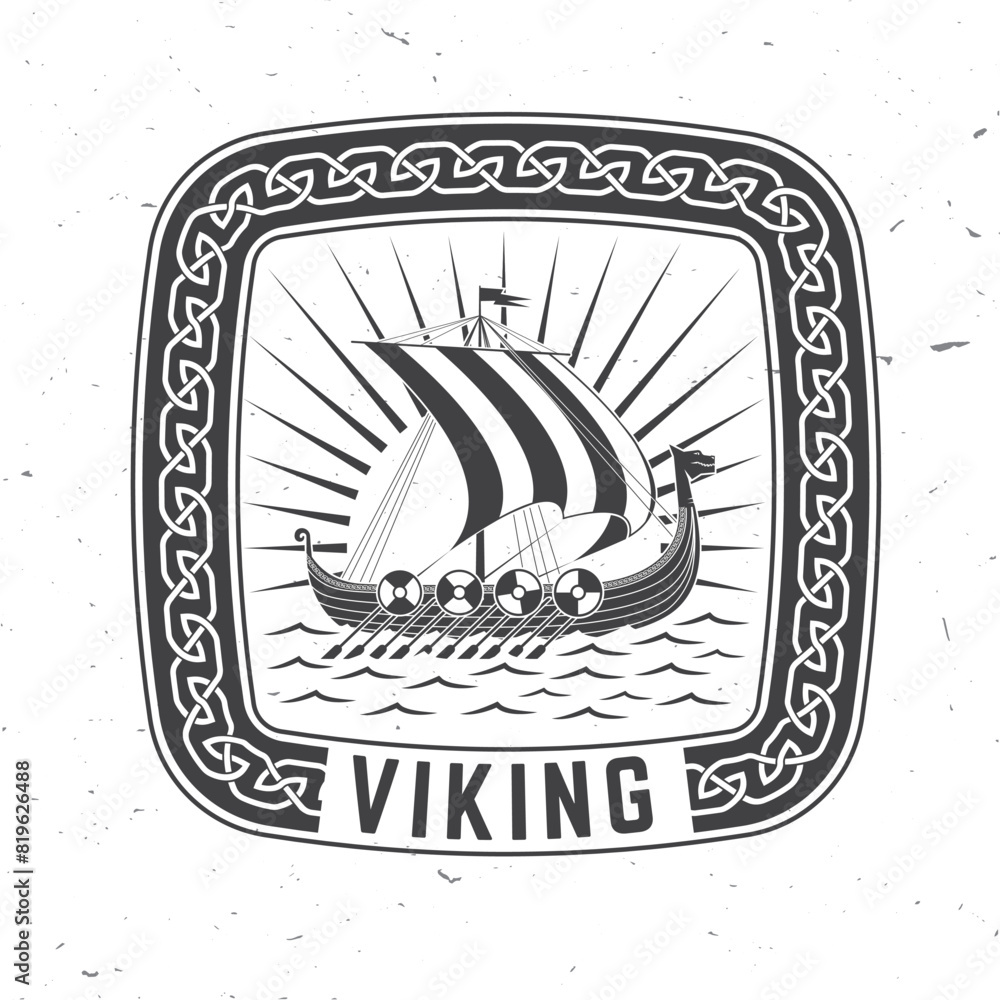 Viking ship logo, badge, sticker with native ornament borders. Vector ...
