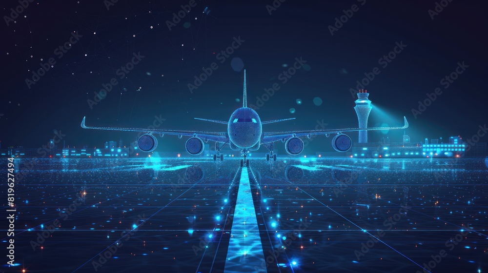 Digital airplane standing on runway, airport buildings, plane taking ...