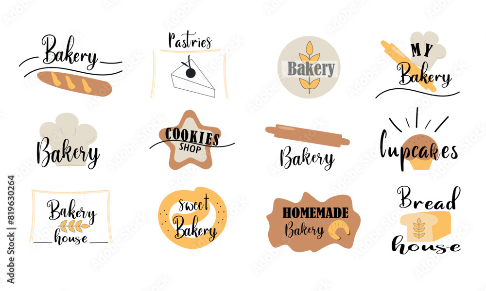 Bread and bakery products logos and icons with lettering. Bagel and ...