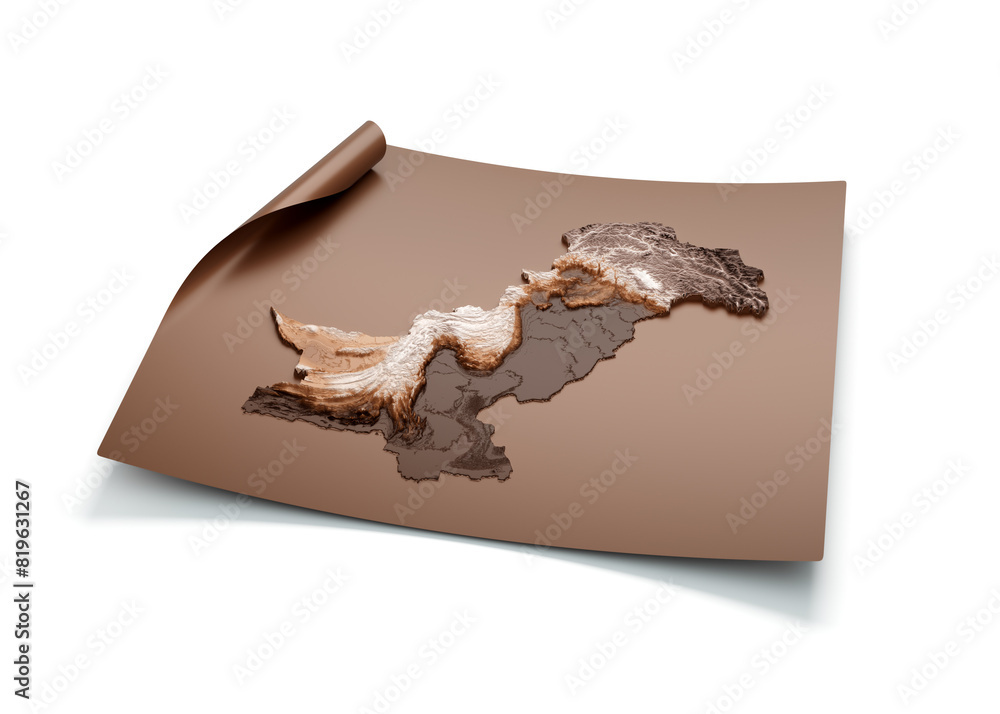 Vintage Map Of Pakistan In Brown Unrolled Map Paper Sheet On White ...