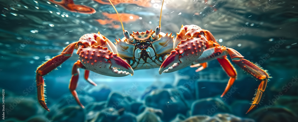 Alaskan giant crabs swim in the vast, clear waters of the sea. T Stock ...